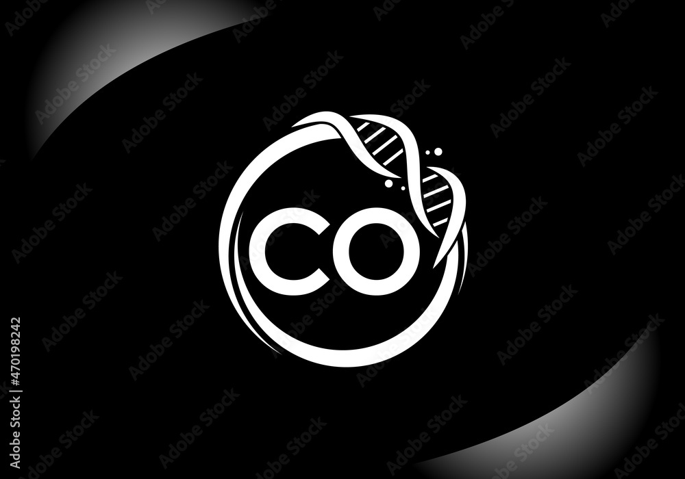 Black letter CO monogram alphabet in a circle with DNA. Genetics logo ...