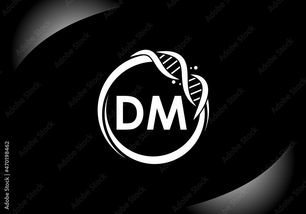 Black letter DM monogram alphabet in a circle with DNA. Genetics logo ...