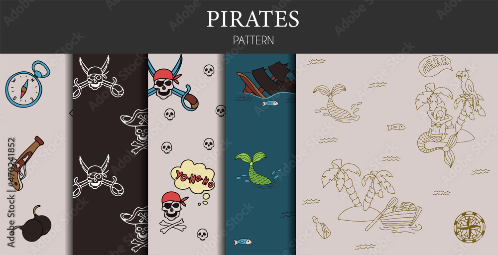 Vector doodle set of pirate seamless patterns. A map with a hand-drawn ...