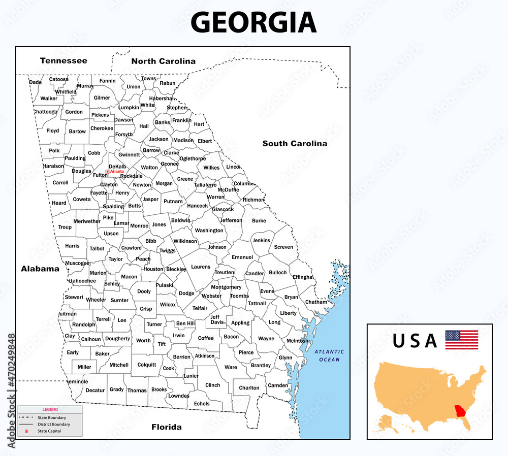 Georgia Map. Political map of Georgia with boundaries in white color ...