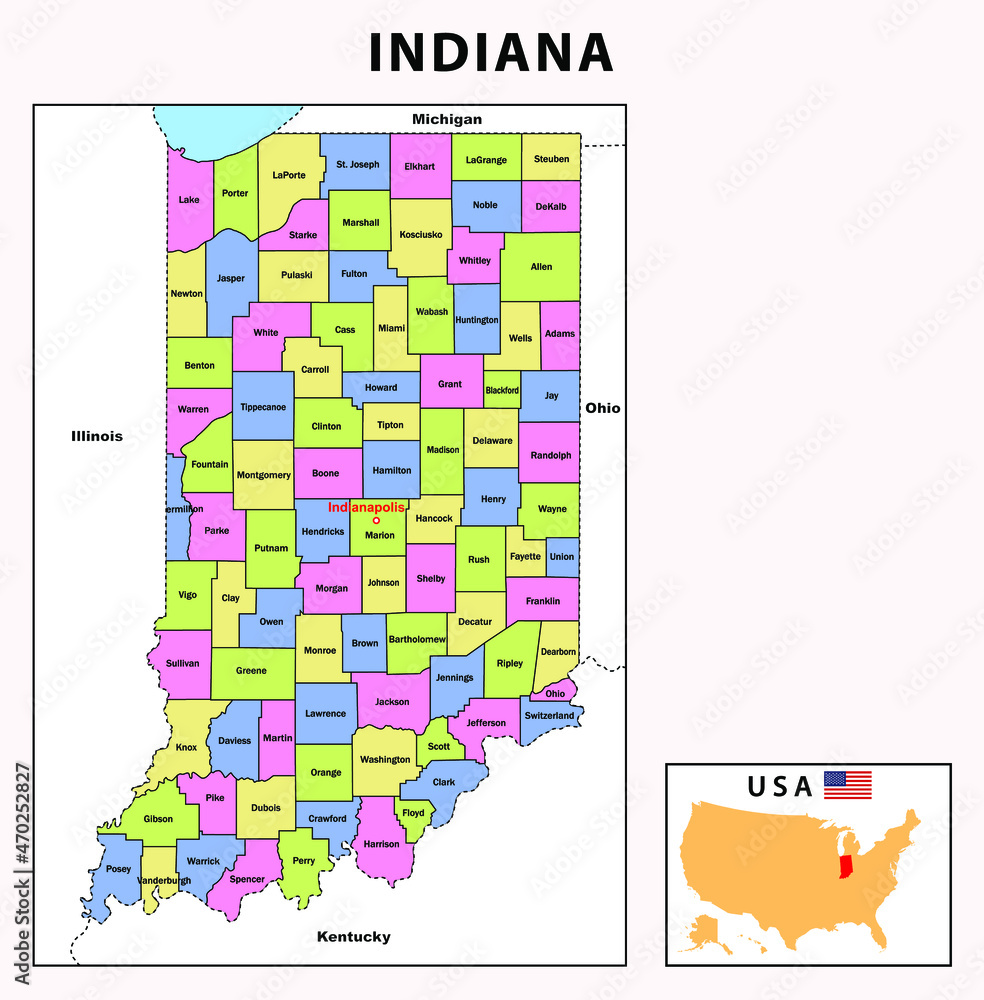 Indiana Map. Political map of Indiana with boundaries. Stock Vector ...