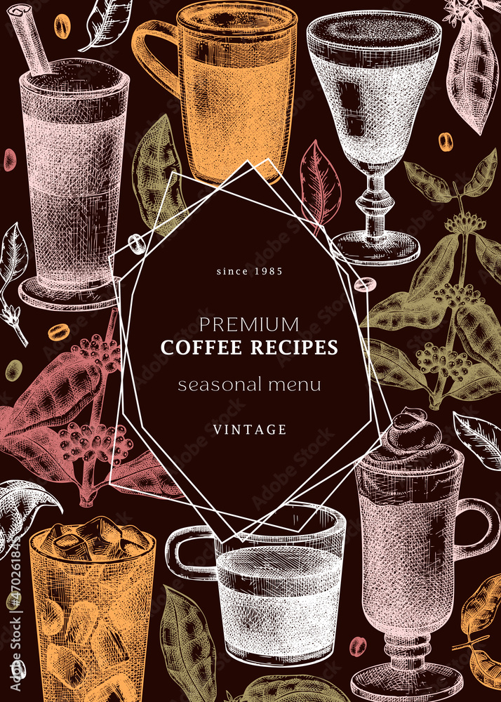 Hand-sketched coffee frame template in colors. Vector sketches of mugs ...