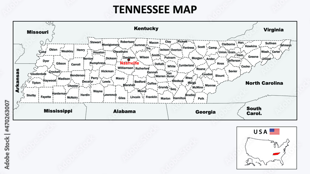 Tennessee Map. Political map of Tennessee with boundaries in white ...