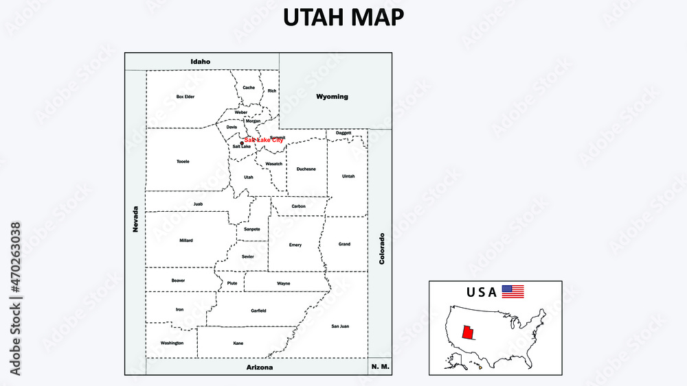 Utah Map. Political map of Utah with boundaries in white color. Stock ...