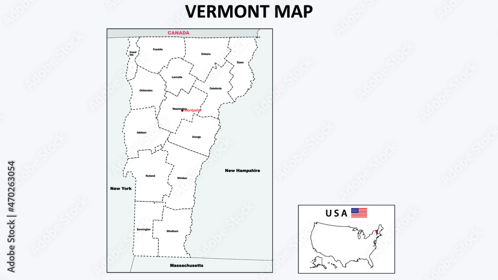 Vermont Map. Political map of Vermont with boundaries in white color ...