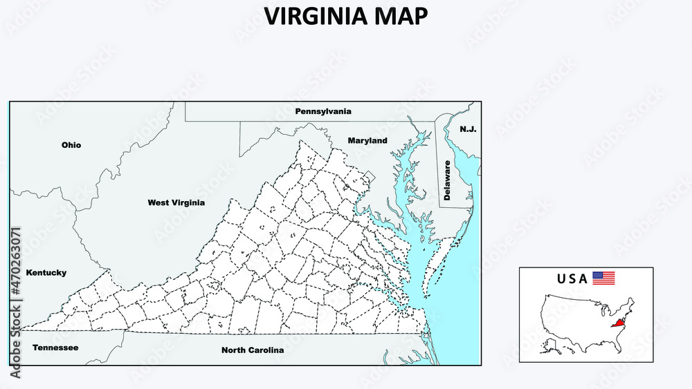 Virginia Map. Political map of Virginia with boundaries in Outline ...