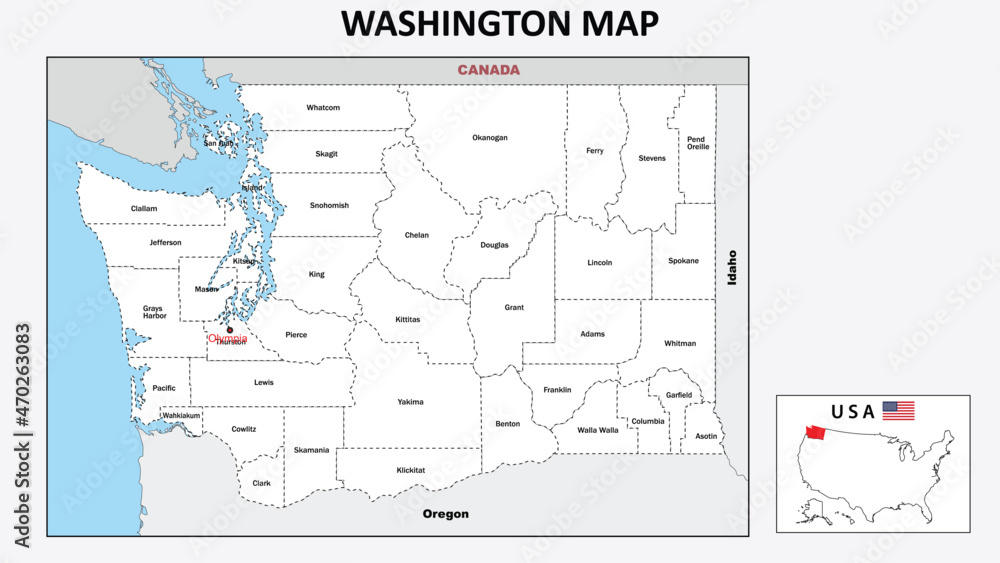 Washington Map. Political map of Washington with boundaries in white ...