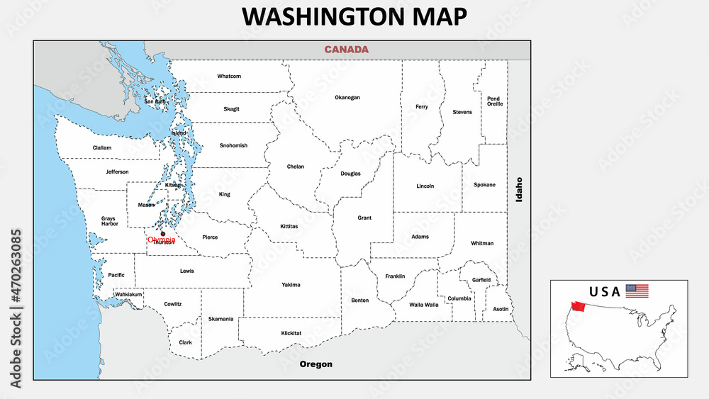 Washington Map. Political map of Washington with boundaries in white ...