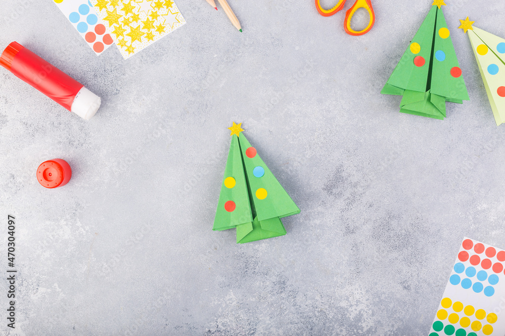 Two paper tree origami. Christmas paper collage. Made with his own ...