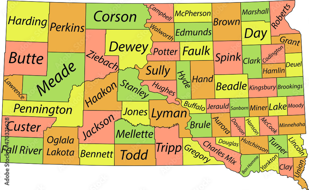 Pastel vector administrative map of the Federal State of South Dakota ...