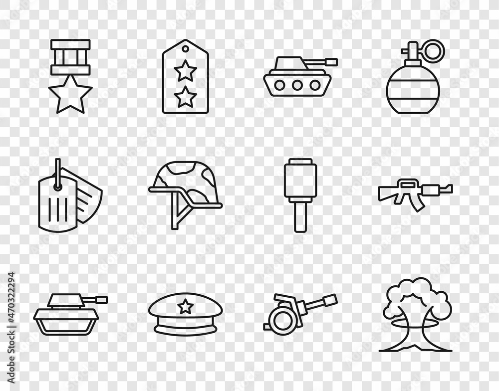 Vector de Stock Set line Military tank, Nuclear explosion, beret ...