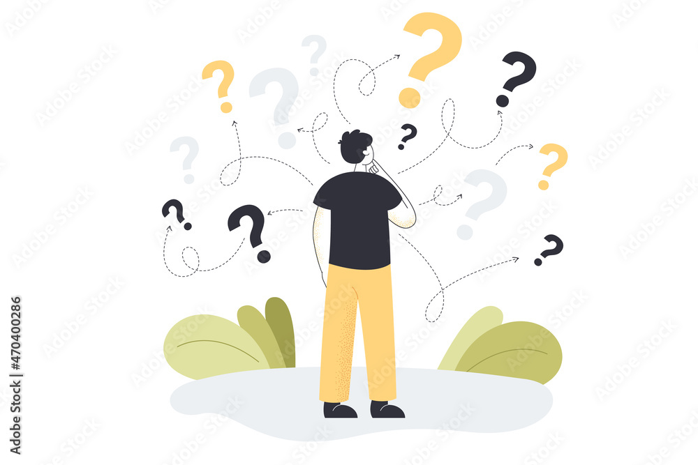 Man looking at question marks and choosing right option to achieve ...
