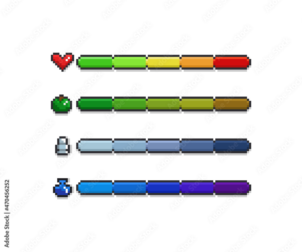 Vector pixel art game development progress bar set - health heart ...