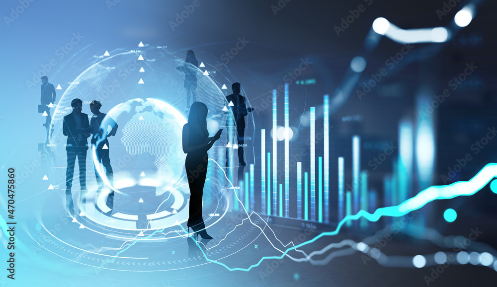 Teamwork in financial company, stock market bar chart and earth globe ...