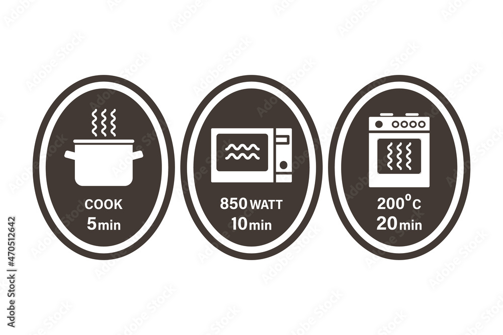 Pot, microwave and oven cooking instruction symbols. 5,10,20 minutes ...
