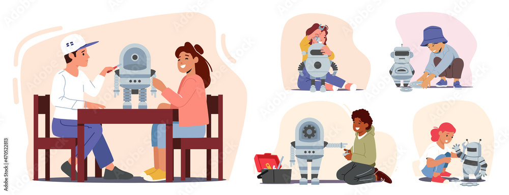 Kids Programming and Creating Robots in Class. Engineering for Kids, Children Learn Science ...