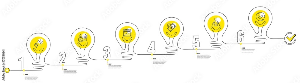 Trade Infographic timeline with 6 steps. Lightbulb journey path ...