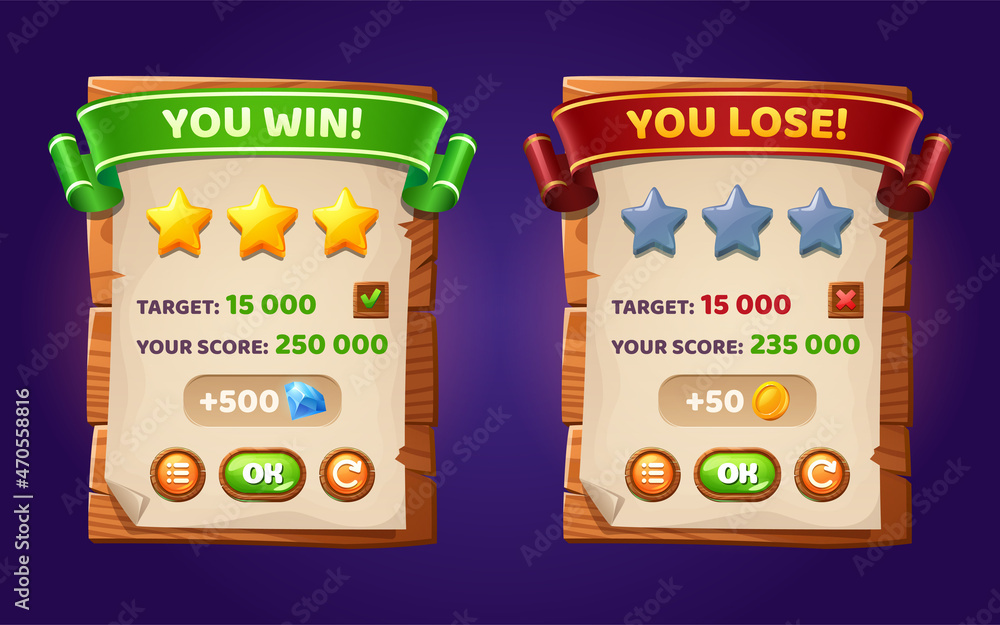 Vettoriale stock di Game ui interface boards with level score, win or ...