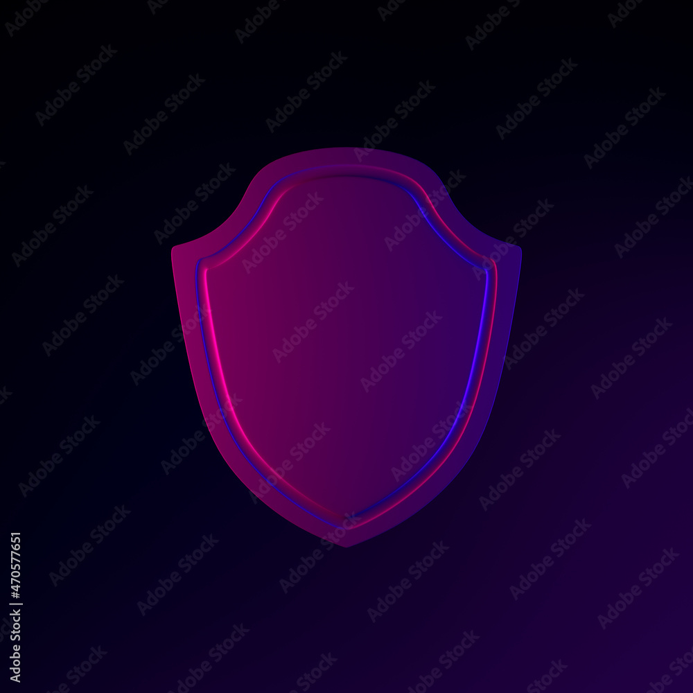 Flat outline neon shield icon. 3d rendering ui ux interface element. Dark glowing symbol. Stock ...