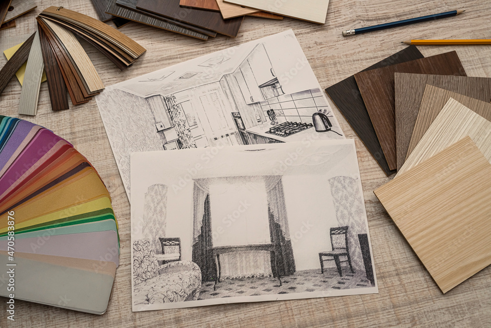 house drawing with color swatches, pencil for renovation Stock Photo ...