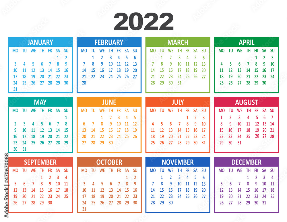 2022 year calendar. Week starts on Monday template. Vector illustration ...