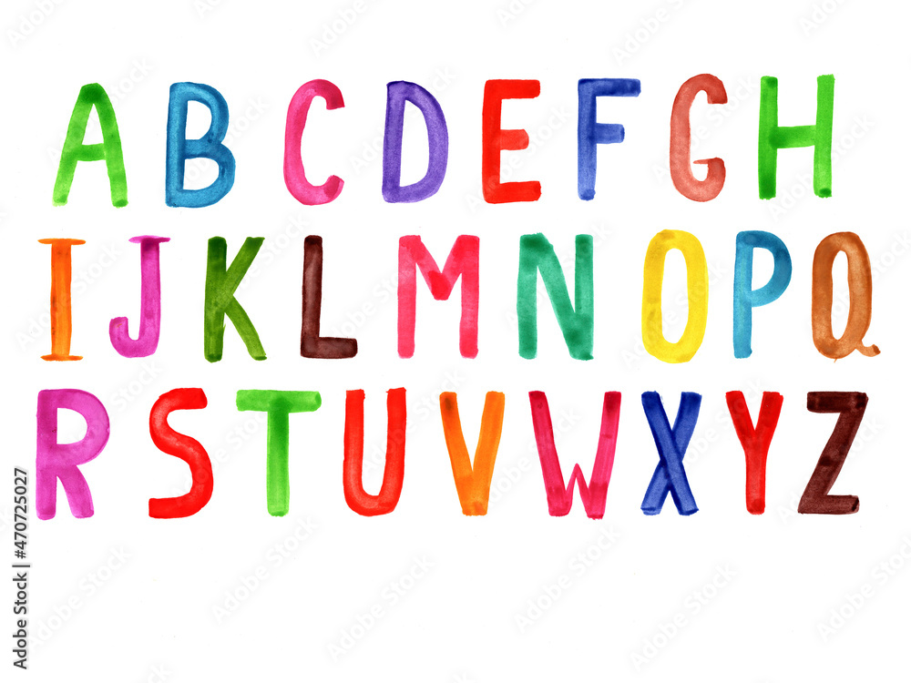 colorful watercolor alphabet isolated on white background, multicolored ...