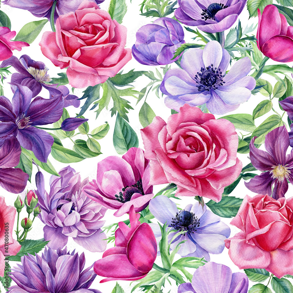 Purple and pink flowers. Anemones, clematis, Roses, leaves and bud watercolor hand drawing ...