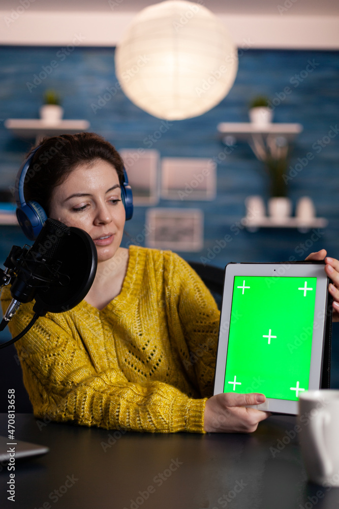 Vlogger woman recording livestream for entertainment vlog holding mock ...