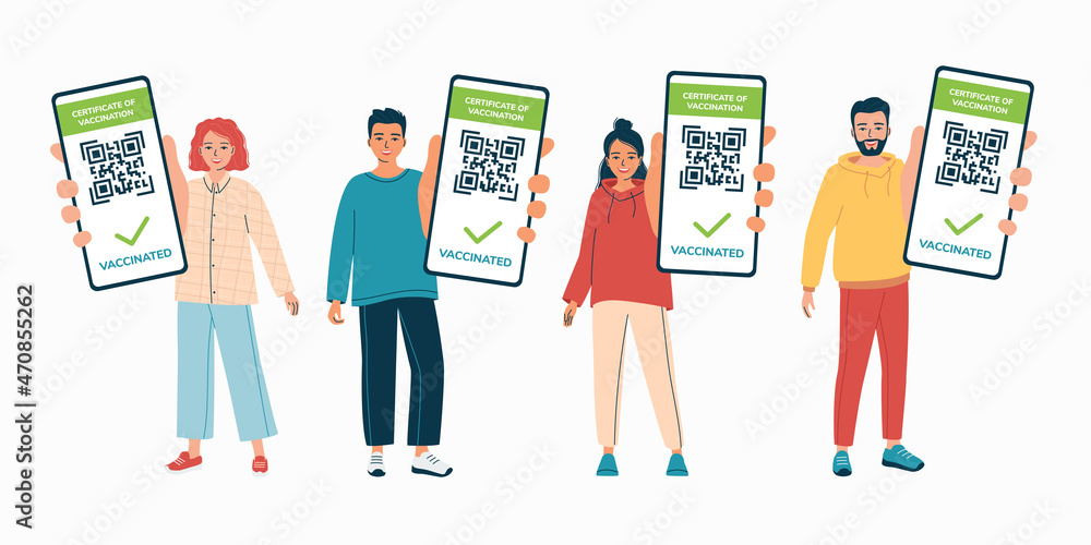 Vetor Young men and women show the QR code of the Covid-19 coronavirus ...