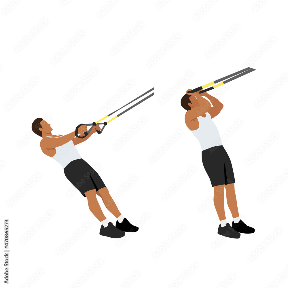 Man doing TRX Suspension strap bicep curls exercise. Flat vector illustration isolated on white ...