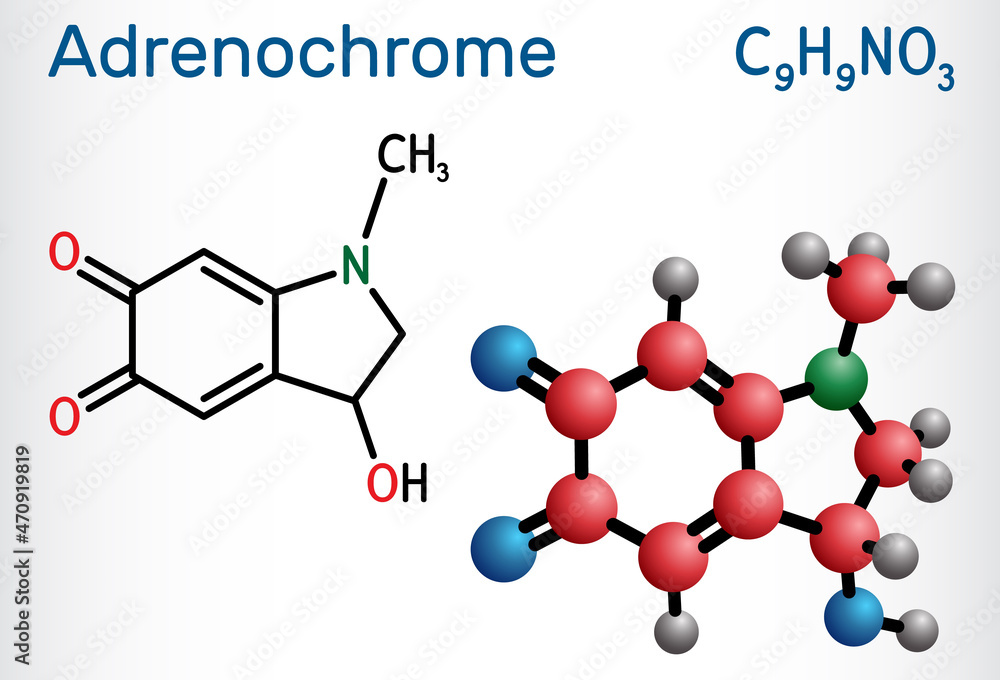 Adrenochrome, adraxone molecule. It is produced by the oxidation of ...