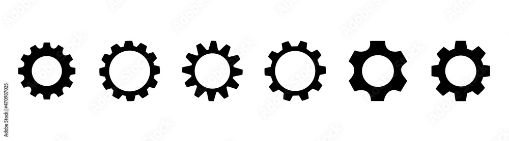 Gear Setting icon set. Black gear wheel icons on white background ...