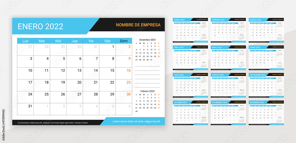 2022 Spanish calendar. Desk planner template. Calender layout for year ...