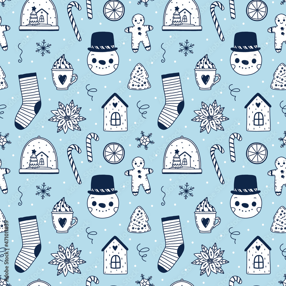 Hand drawn vector holiday background with blue and white colors. Seamless Christmas doodle ...