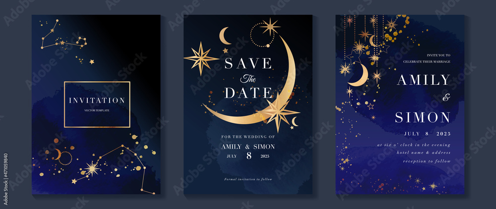Star and moon themed wedding invitation vector template collection ...