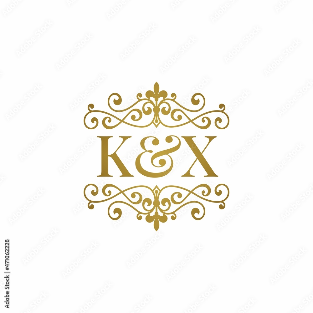K&X initials logo ornament gold. Letter KX wedding ampersand or ...