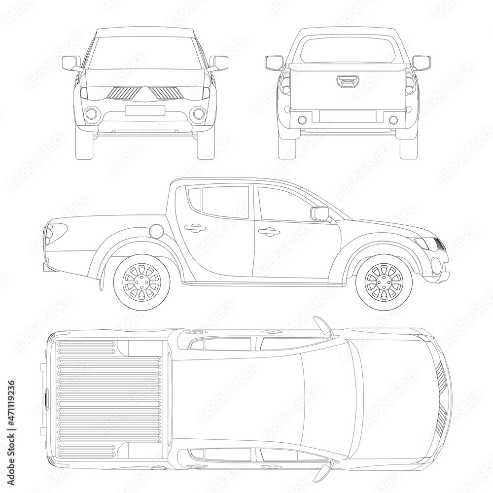 Pickup truck vector template. Truck blueprint. Double cab car on white ...