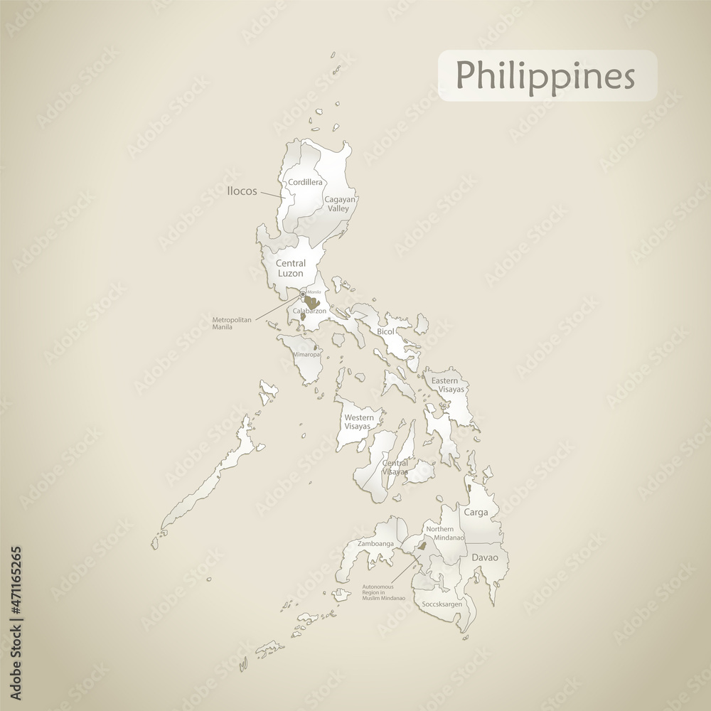 Philippines map, administrative division with names, old paper ...
