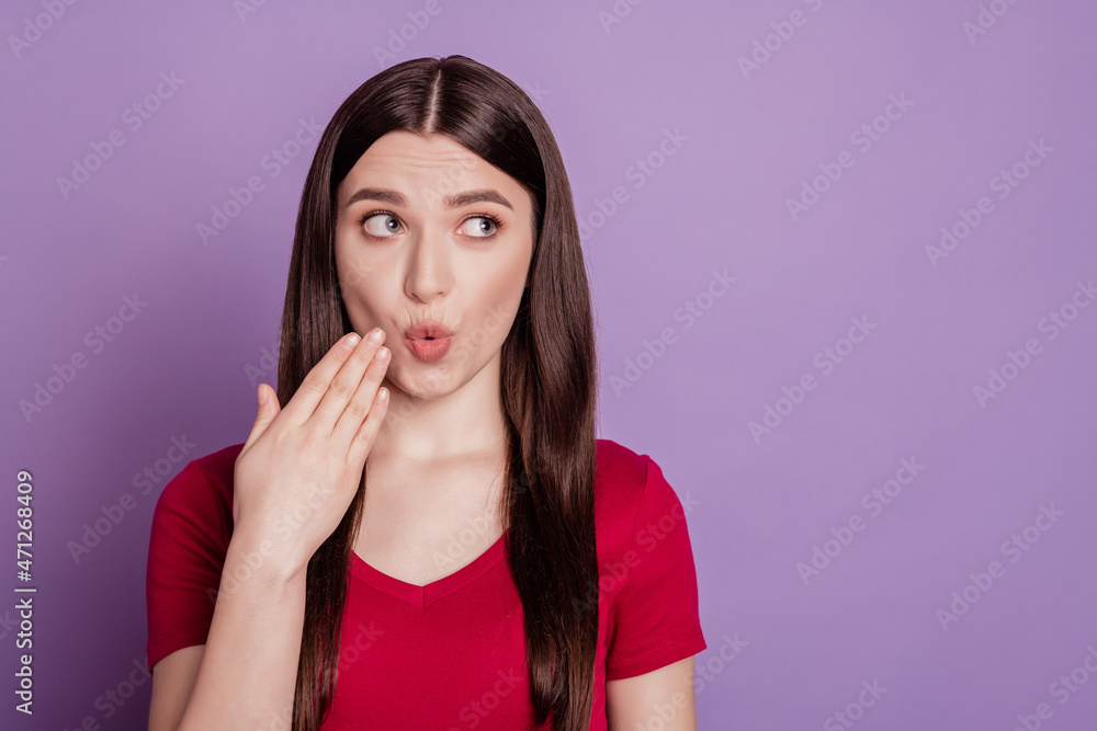 Portrait of girlish funny curious sorry flirty woman look empty space ...