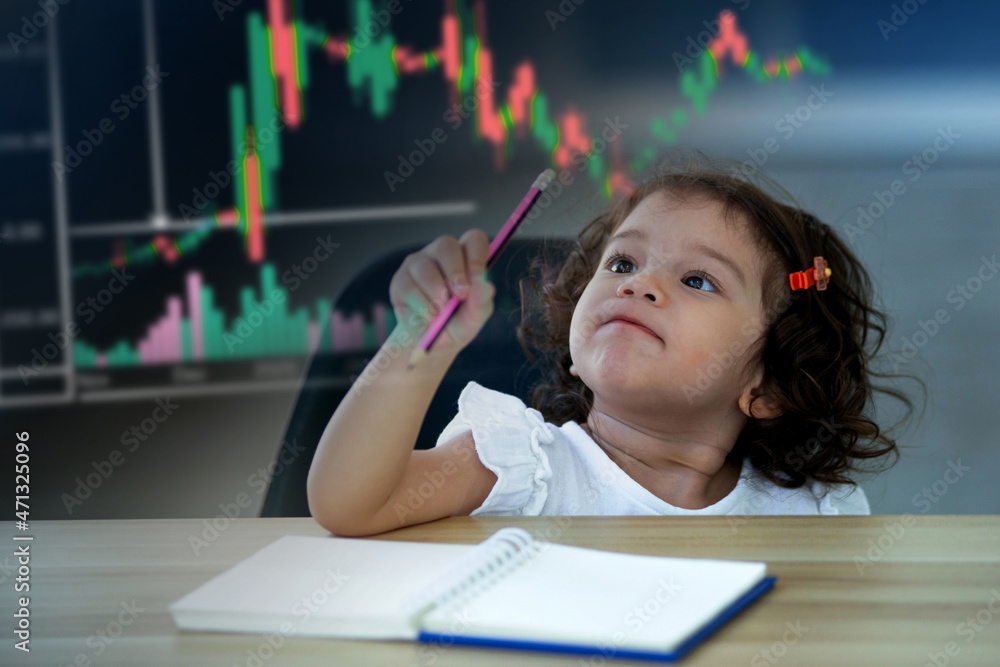 Cute little girl looking at the economic graph in the air, preschoolers ...
