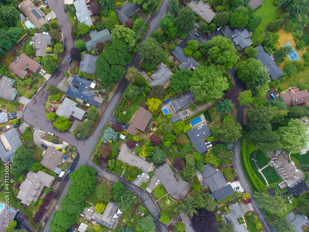Aerial photograph. Small green city with infrastructure. Smooth asphalt ...