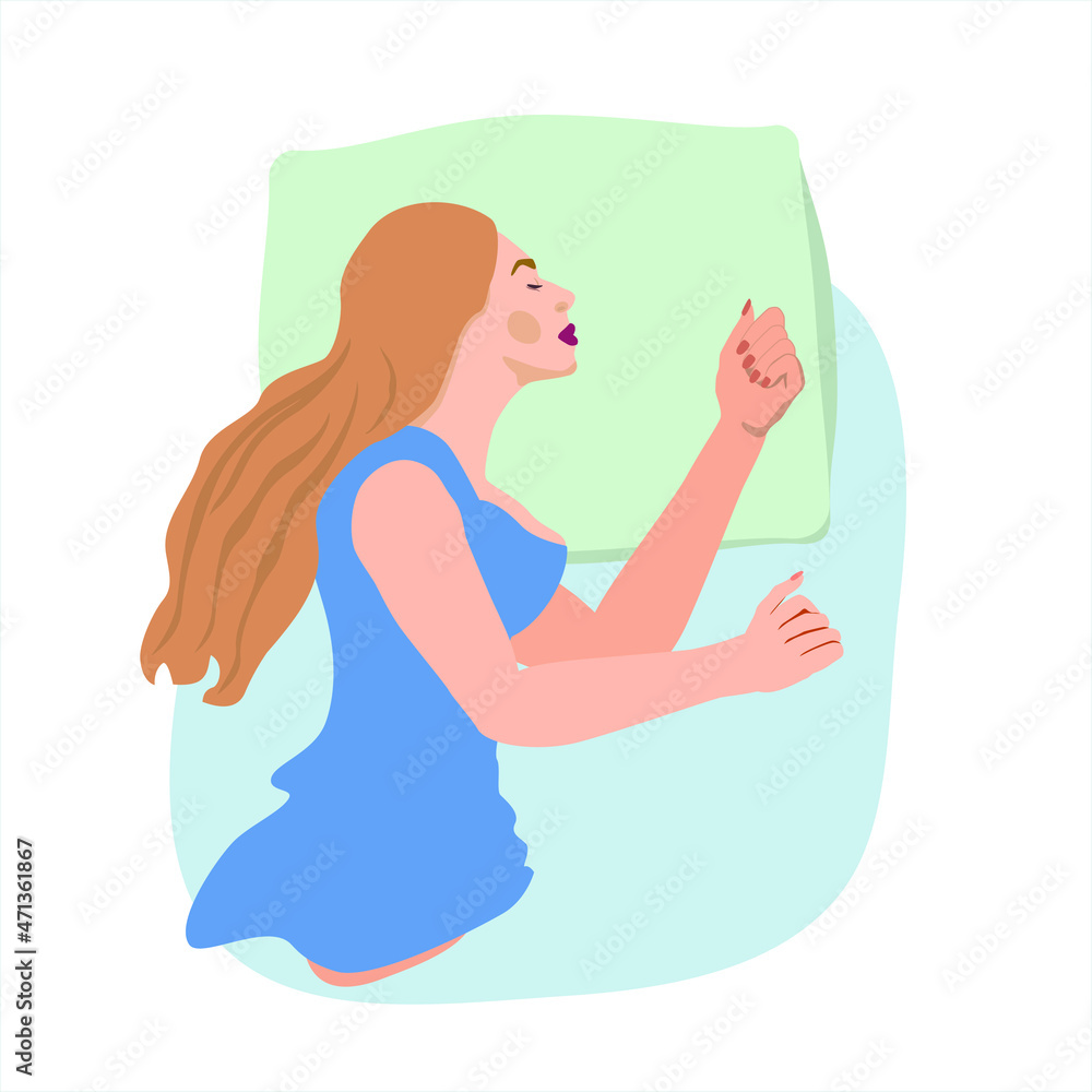 Blonde woman sleeping in bed without a blanket. Female cartoon ...