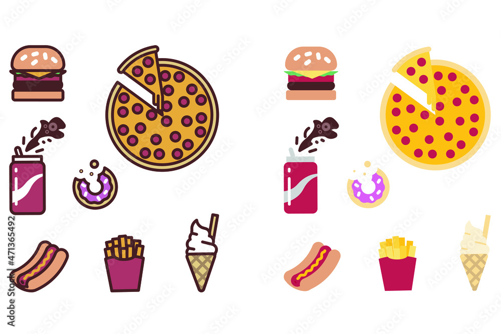 junk food. set of colorful fast food icons. hamburger, pizza, soda ...