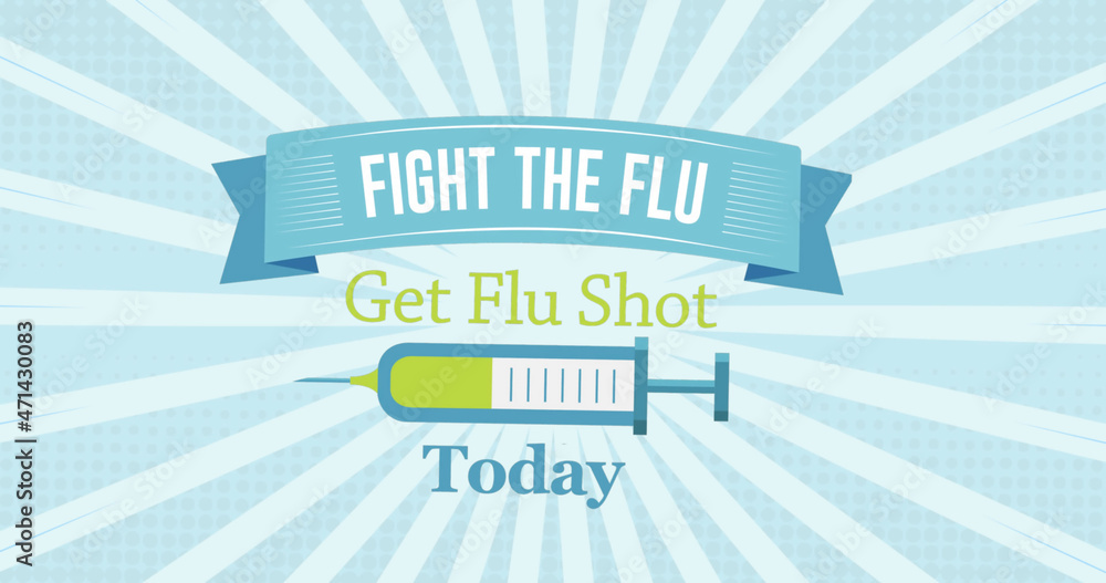 Get flu vaccine shot text banner with syringe icon on blue radial ...