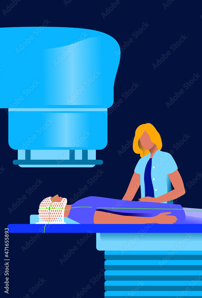 Doctor is preparing a patient to the procedure of a radiotherapy ...