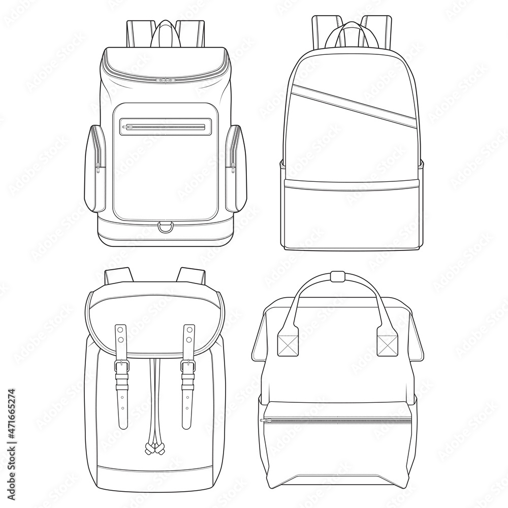 Set of backpack outline drawing vector, set of Backpack in a sketch ...