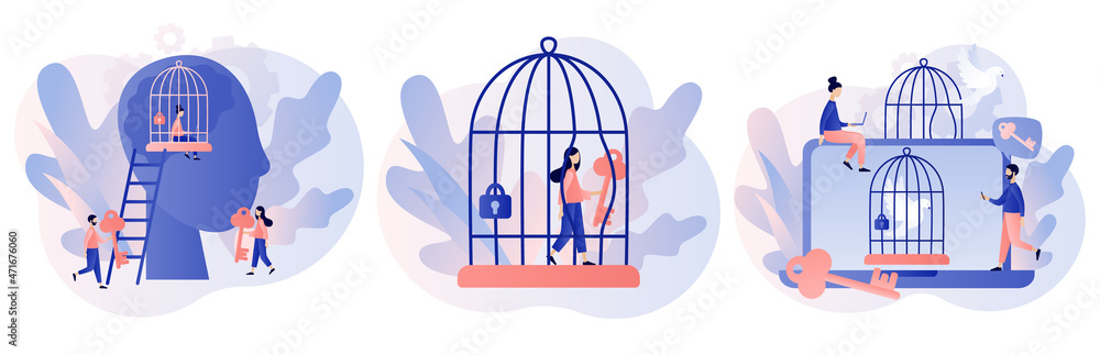 Freedom concept. Mind prison psychological. Inner prison. Tiny people ...
