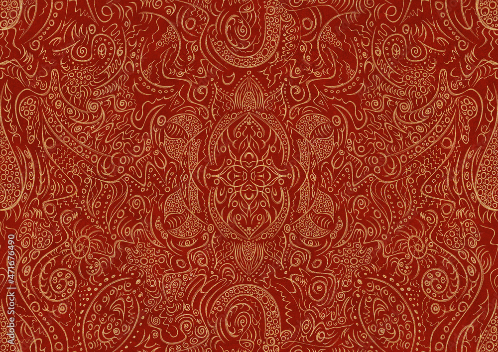 Hand-drawn unique abstract symmetrical seamless gold ornament on a ...
