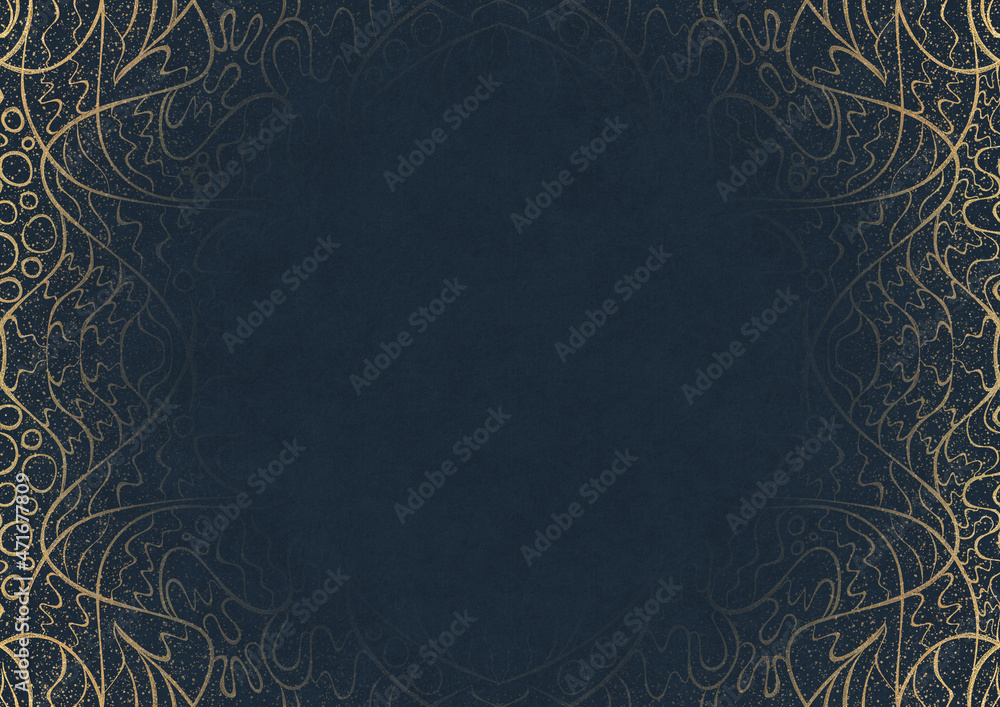 Deep blue textured paper with vignette of golden hand-drawn pattern ...