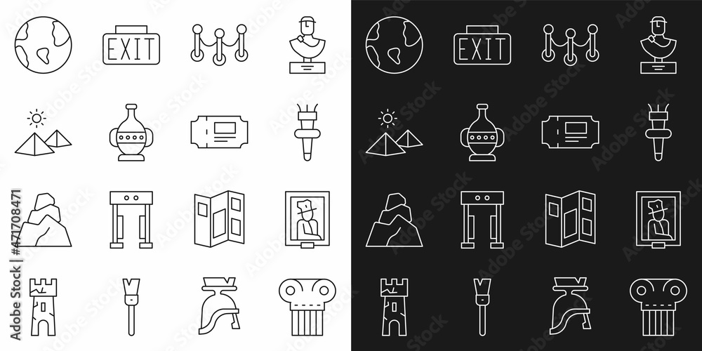 Set line Ancient column, Portrait in museum, Torch flame, Rope barrier ...